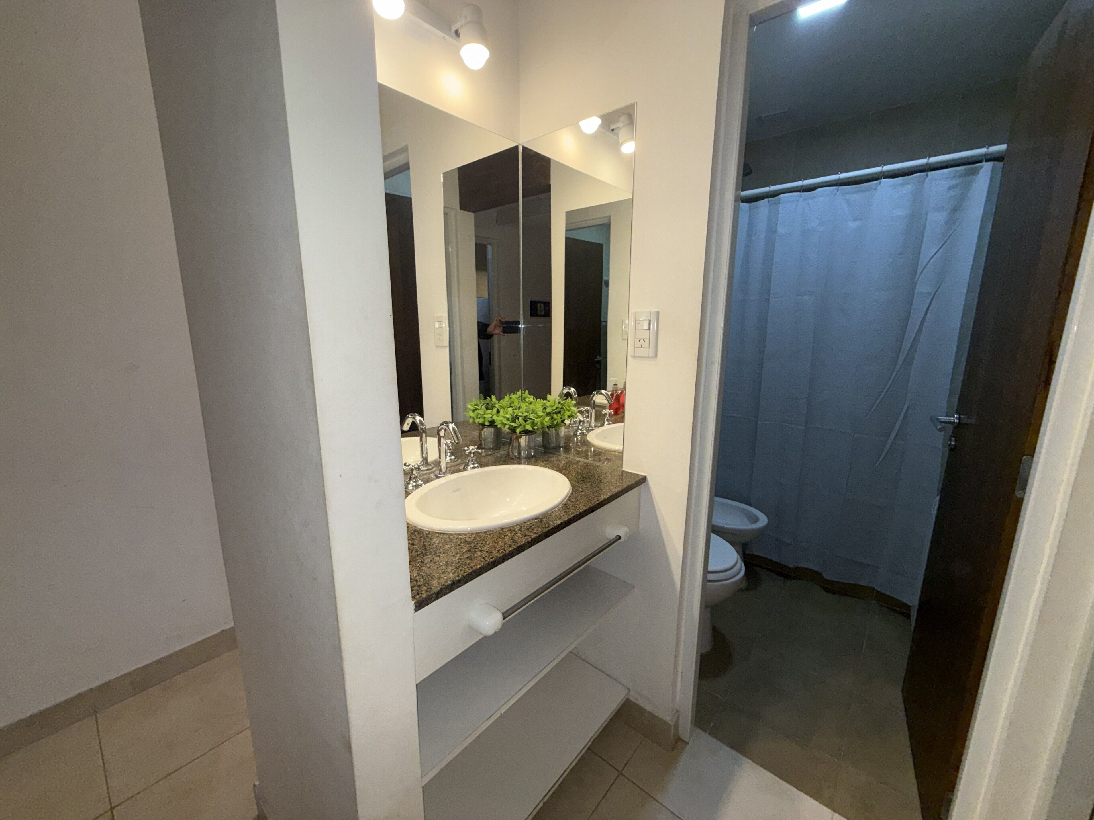 Uma casa de banho com lavatório, espelho e cortina de chuveiro.