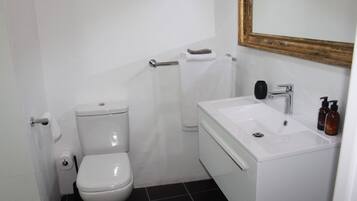 Casa de banho pequena e limpa, com sanita, lavatório e espelho.