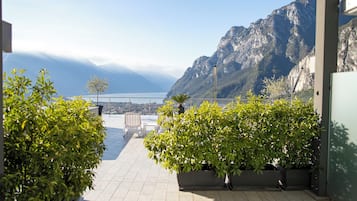 Um terraço com plantas em vasos, uma cadeira e vista para uma paisagem montanhosa.