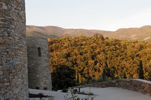 Um edifício de pedra com vista para uma encosta arborizada.
