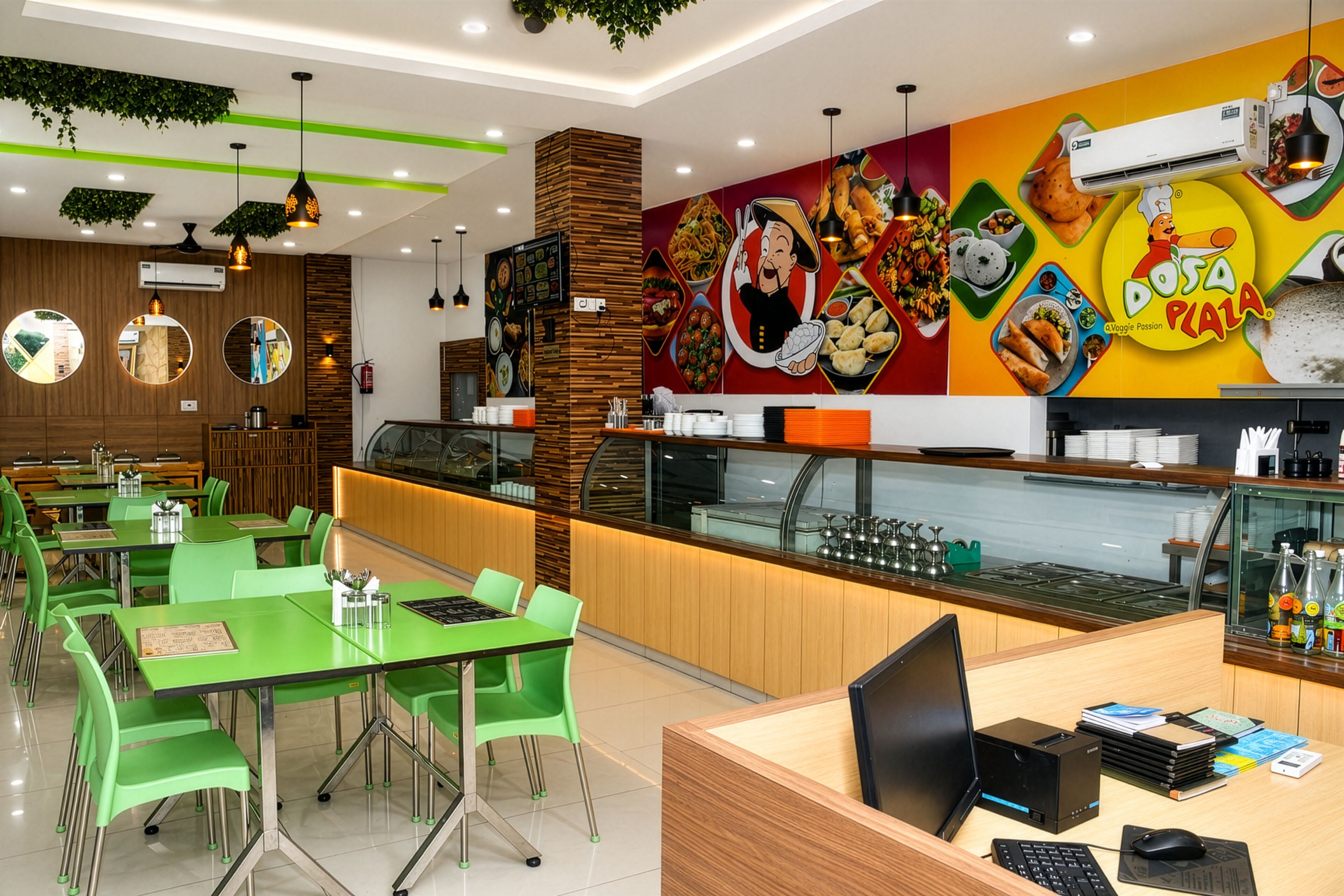 Um restaurante com mesas e cadeiras verdes, um balcão com um computador e uma parede com ilustrações de comida.