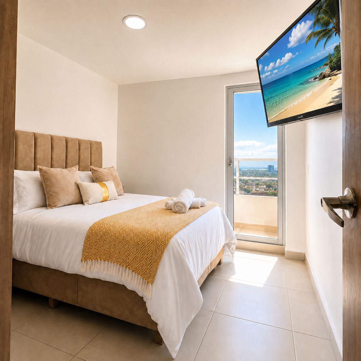 Quarto de hotel com cama, televisão na parede e vista para a cidade pela janela.