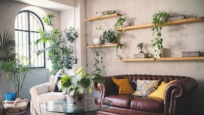 Uma sala de estar com um sofá de couro marrom, uma mesa de centro de vidro e várias plantas em vasos.