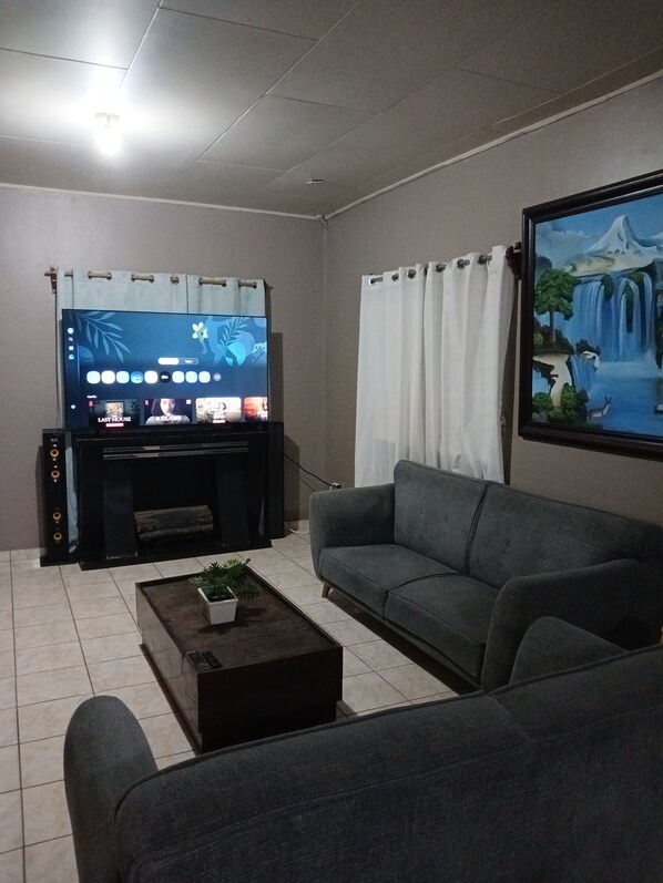 Uma sala de estar com televisão de tela plana, um sofá cinza, uma mesa de centro e um quadro na parede.
