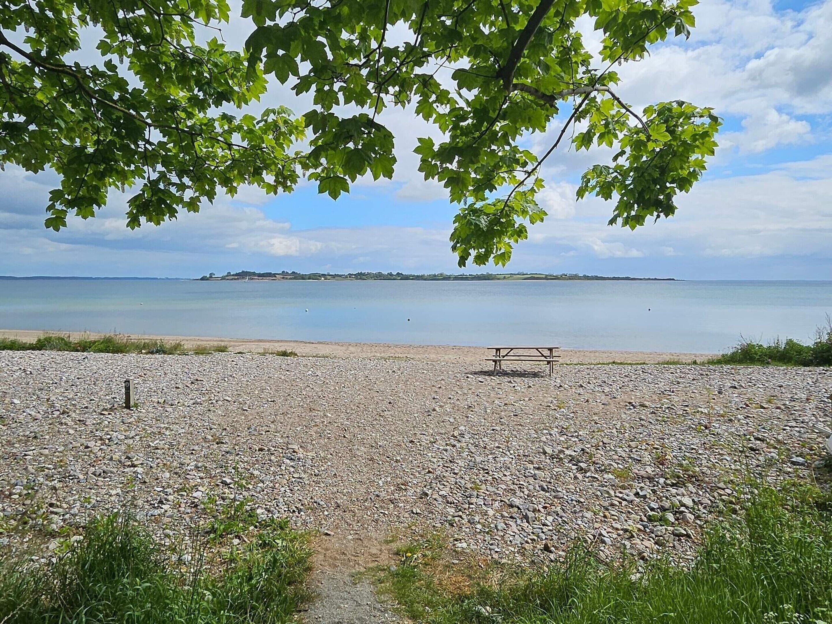 Uma praia de pedras com uma mesa de piquenique e um caminho que leva até a água.