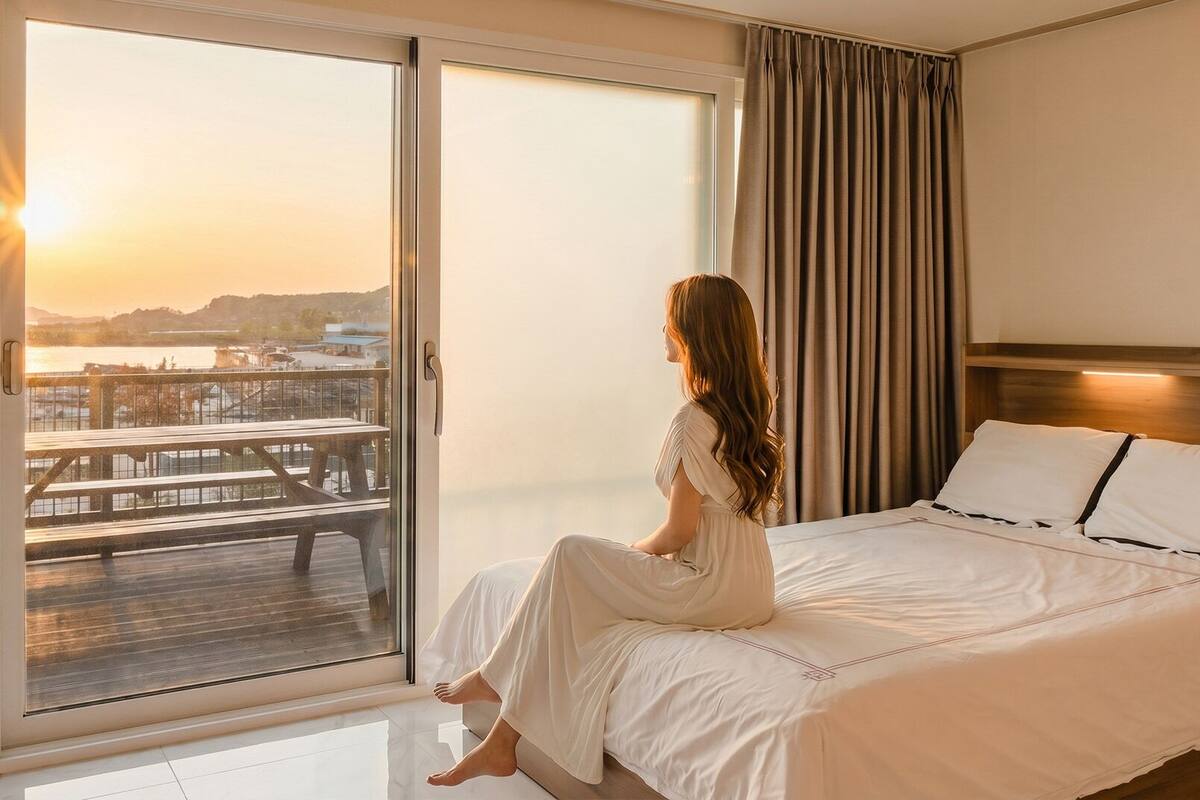 Uma mulher sentada em uma cama num quarto de hotel com vista para um cais e edifícios.