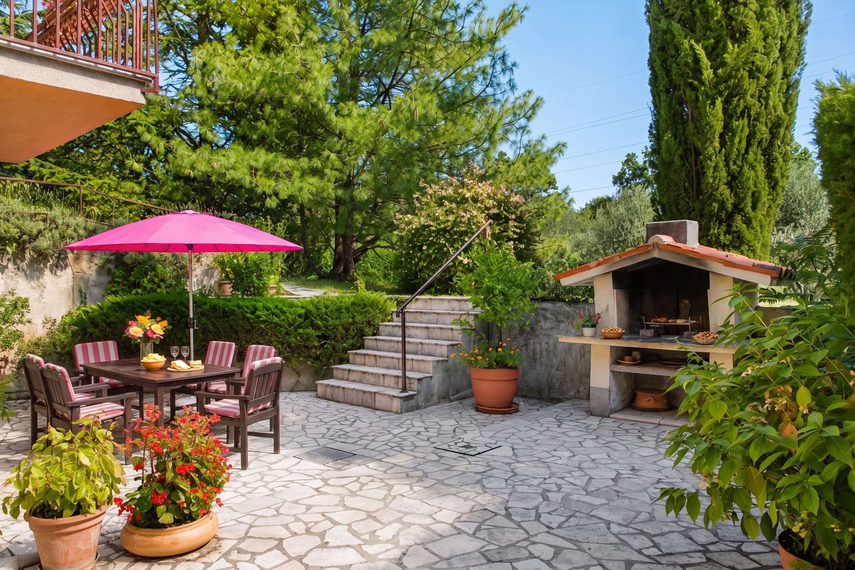Um pátio externo com uma mesa de jantar, cadeiras e um guarda-sol rosa.