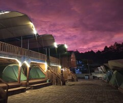 Um camping com várias tendas e uma área de deck de madeira.