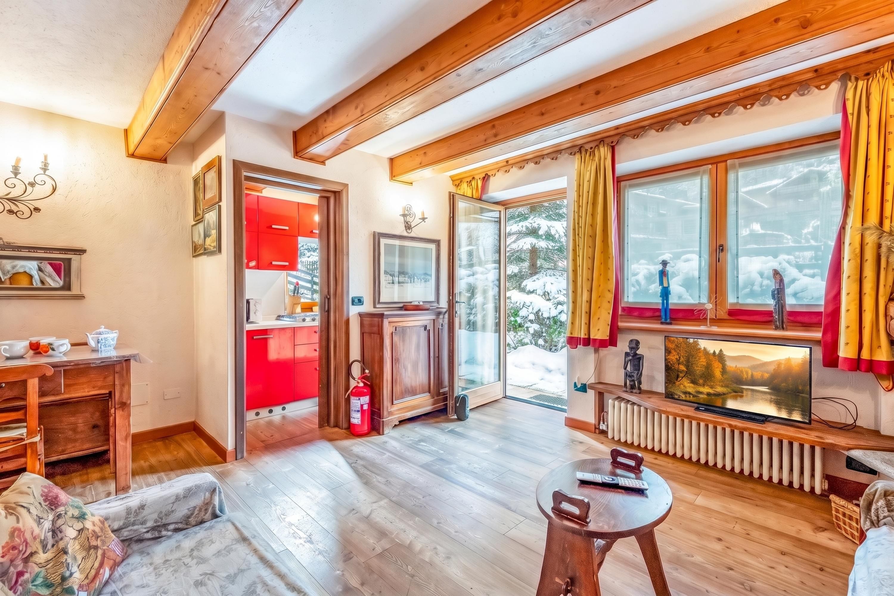 Uma sala de estar aconchegante com lareira, televisão e vista para uma paisagem nevada.