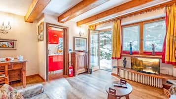 Uma sala de estar aconchegante com lareira, televisão e vista para uma paisagem nevada.
