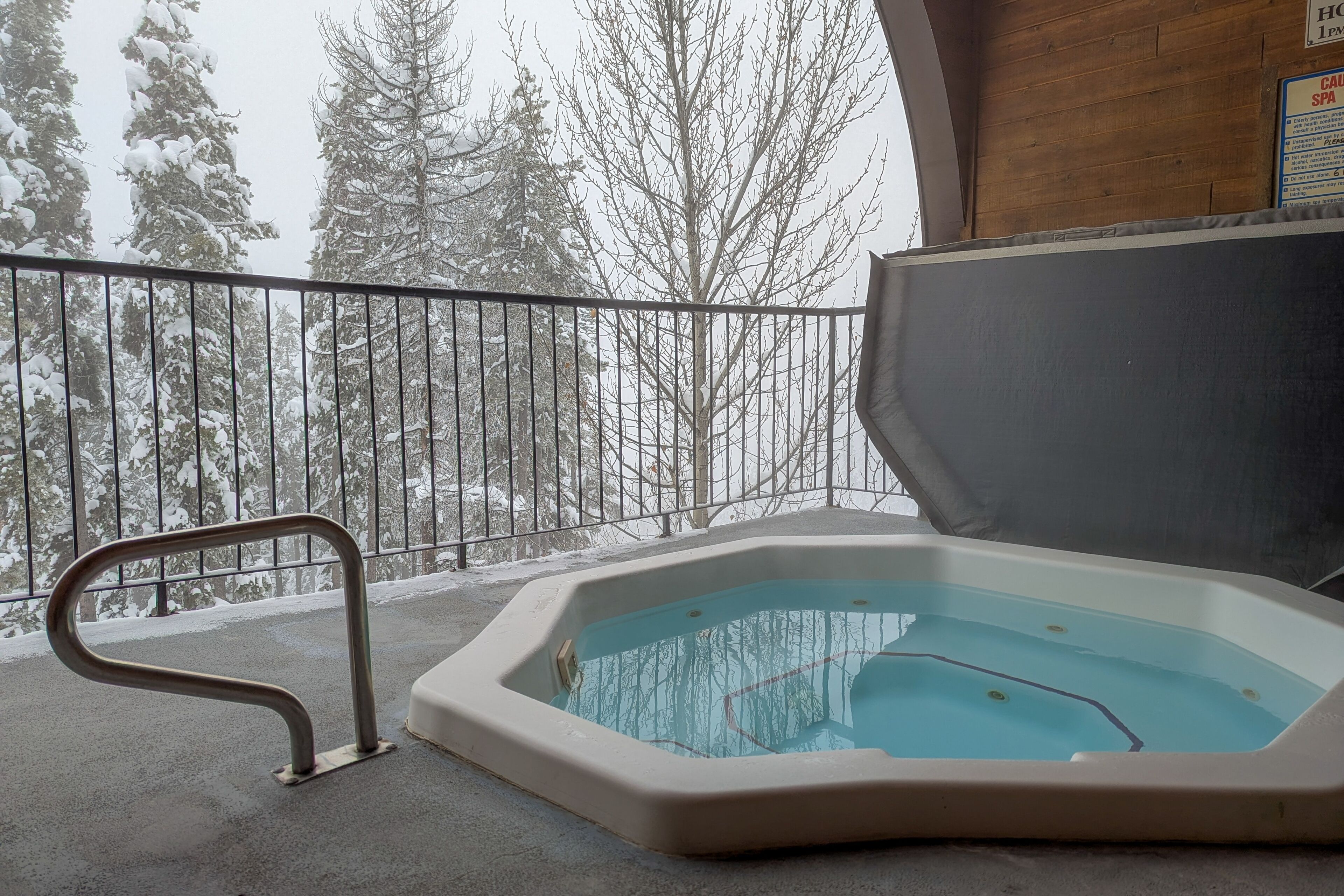 Uma banheira de hidromassagem numa varanda com vista para árvores cobertas de neve.