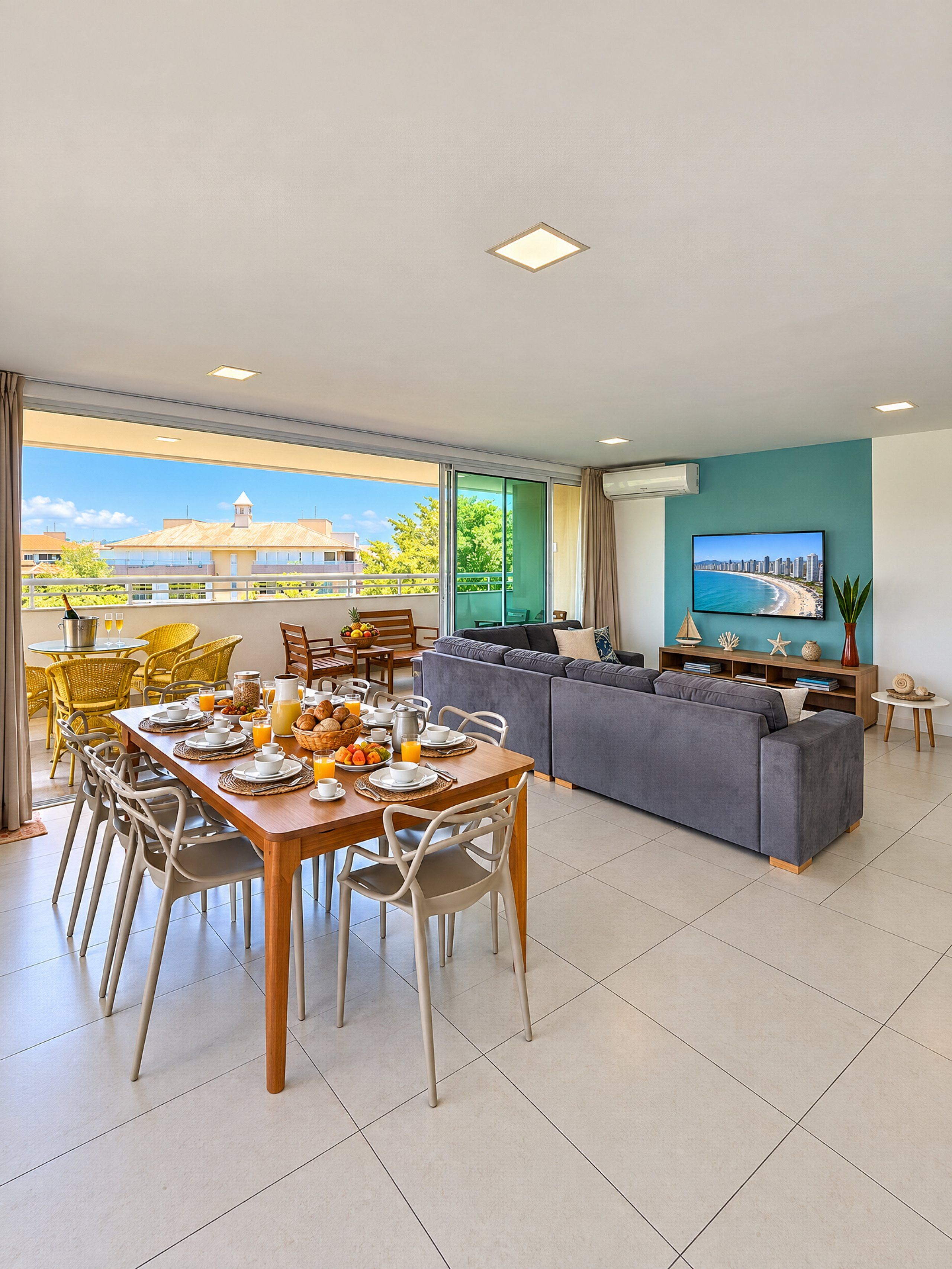 Uma sala de estar moderna com área de jantar, um sofá cinza, TV de tela plana e varanda com vista para a cidade.