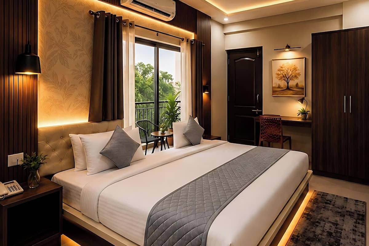 Quarto de hotel moderno com uma cama grande, uma escrivaninha, uma cadeira, um guarda-roupa e uma varanda com vista.
