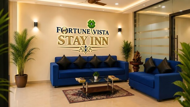 Um hall de hotel moderno com um conjunto de sofá azul, uma mesa de centro e uma placa na parede com a inscrição 'FORTUNE VISTA STAY INN'.