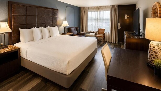 Quarto de hotel com uma cama grande, escrivaninha, cadeira, televisão e janela com cortinas.