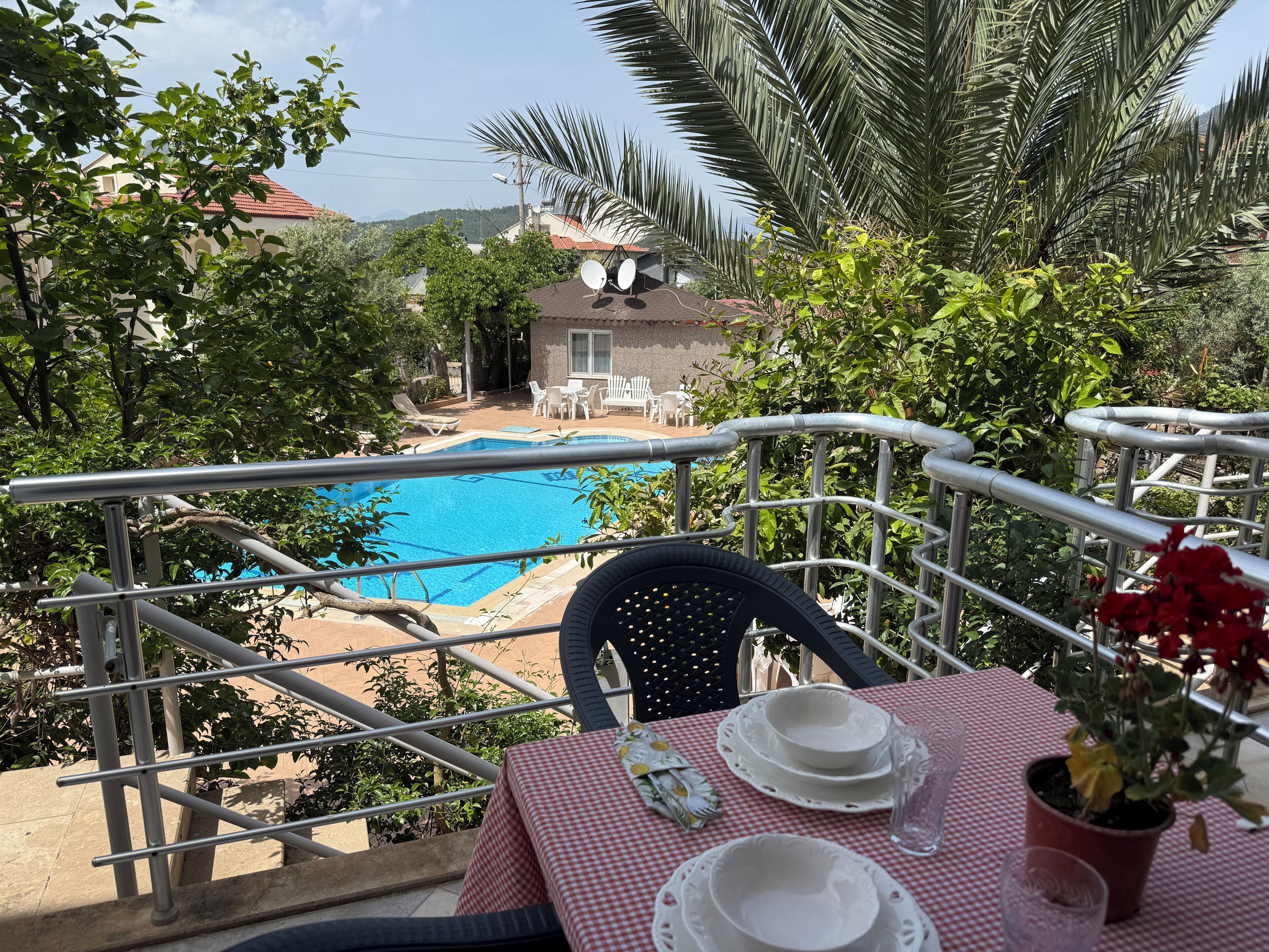 Vista da piscina com área de refeições, incluindo mesa com pratos e um vaso de planta.