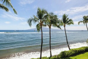 Uma praia com palmeiras, ondas do oceano e barcos ao longe.