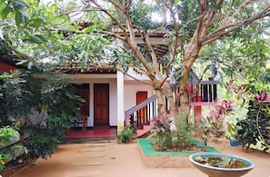 Um pátio com escadaria que leva a um edifício, rodeado por vegetação exuberante e plantas em vasos.