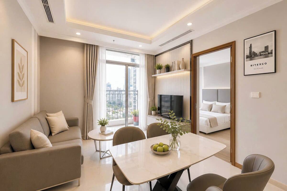 Uma sala de estar moderna com sofá, mesa de jantar com cadeiras, televisão e vista para a cidade pela janela.