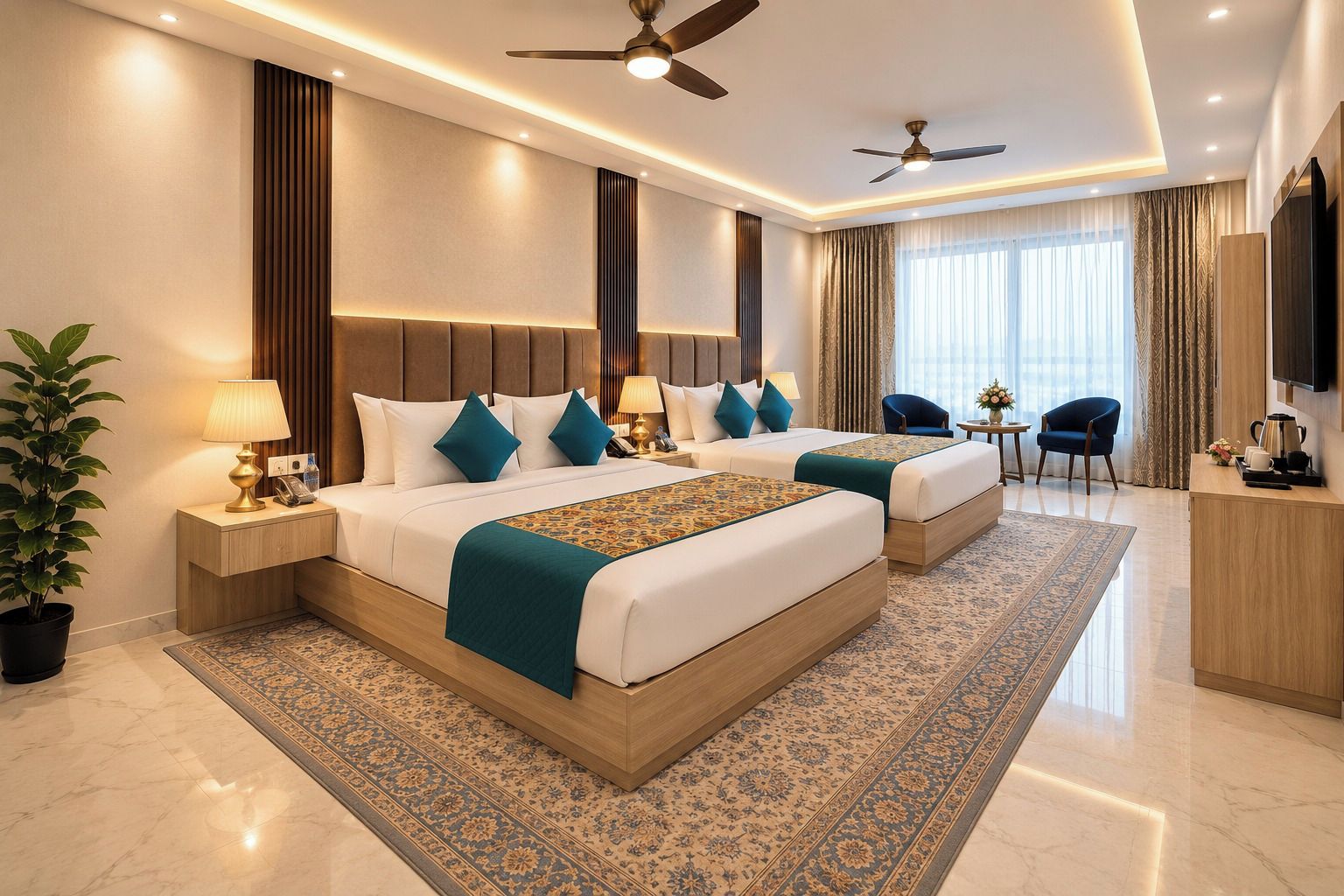 Quarto de hotel com duas camas, uma escrivaninha, uma cadeira, televisão e ventilador de teto.