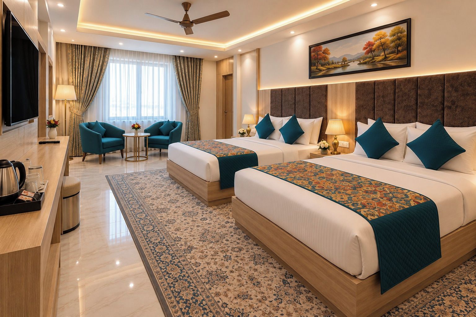 Quarto de hotel com duas camas, televisão, escrivaninha e cafeteira, e vista para um lago.