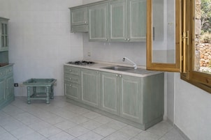 Apartamento, pátio | Cozinha privada | Um frigorífico, um micro-ondas, uma placa de cozinha