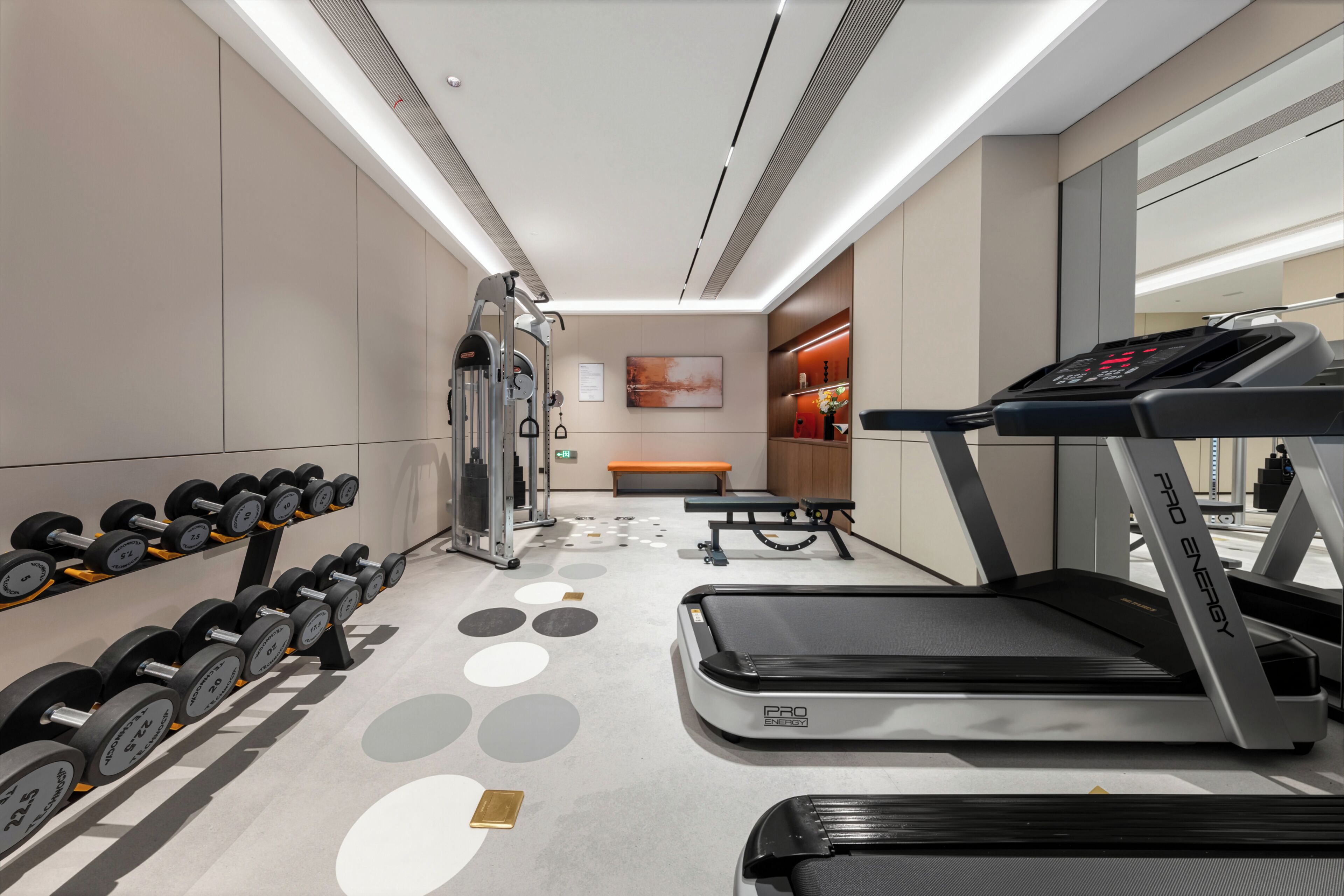 Academia com esteiras, halteres e máquina de musculação.
