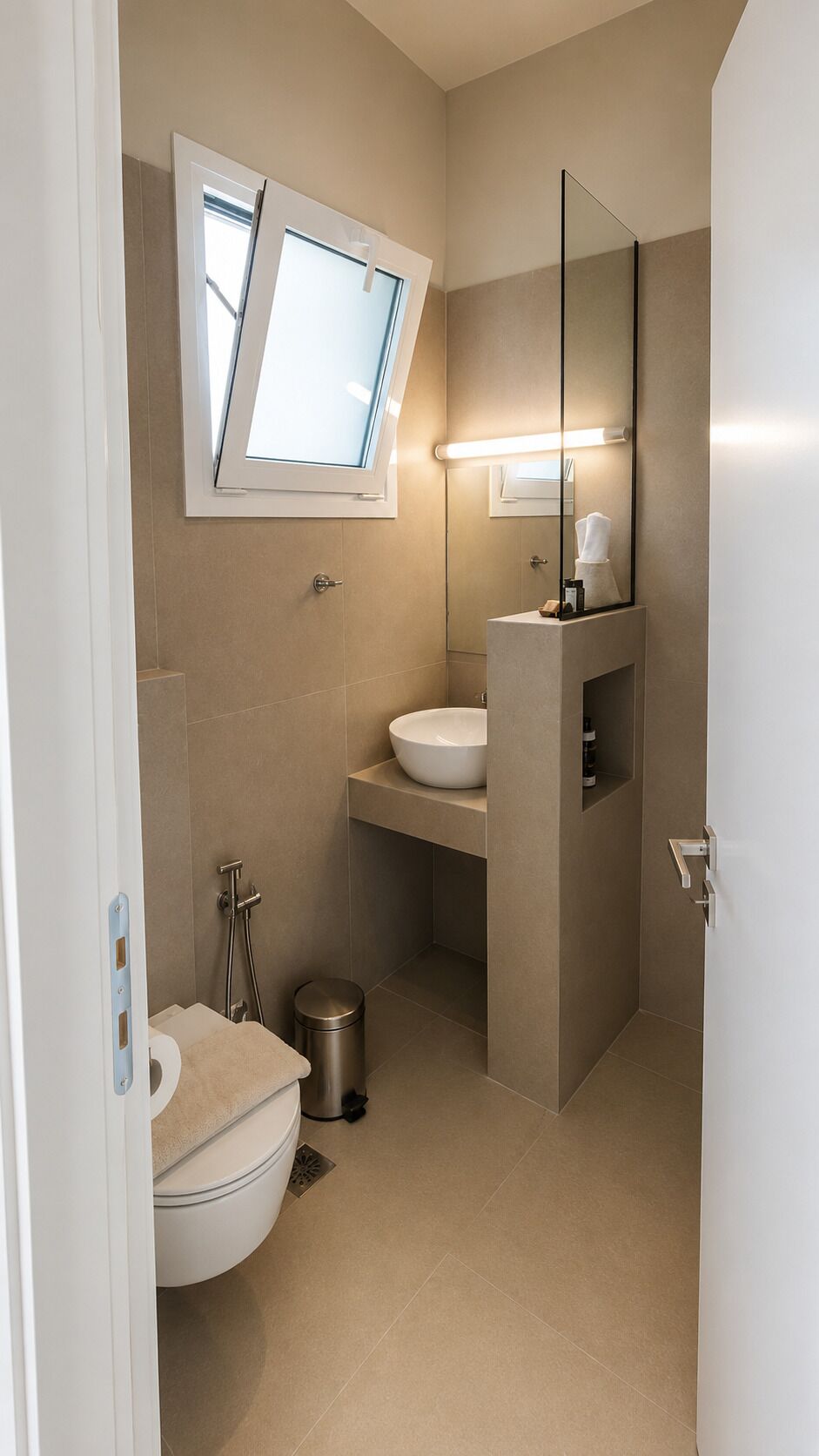 Uma casa de banho moderna com sanita, lavatório e chuveiro.