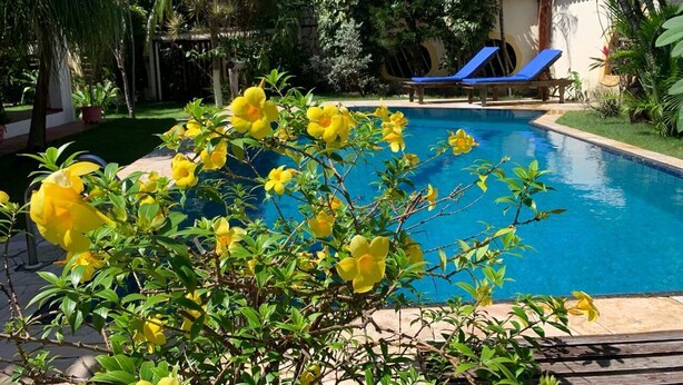 Piscina com um elemento aquático azul, rodeada por vegetação exuberante e um pequeno jardim.