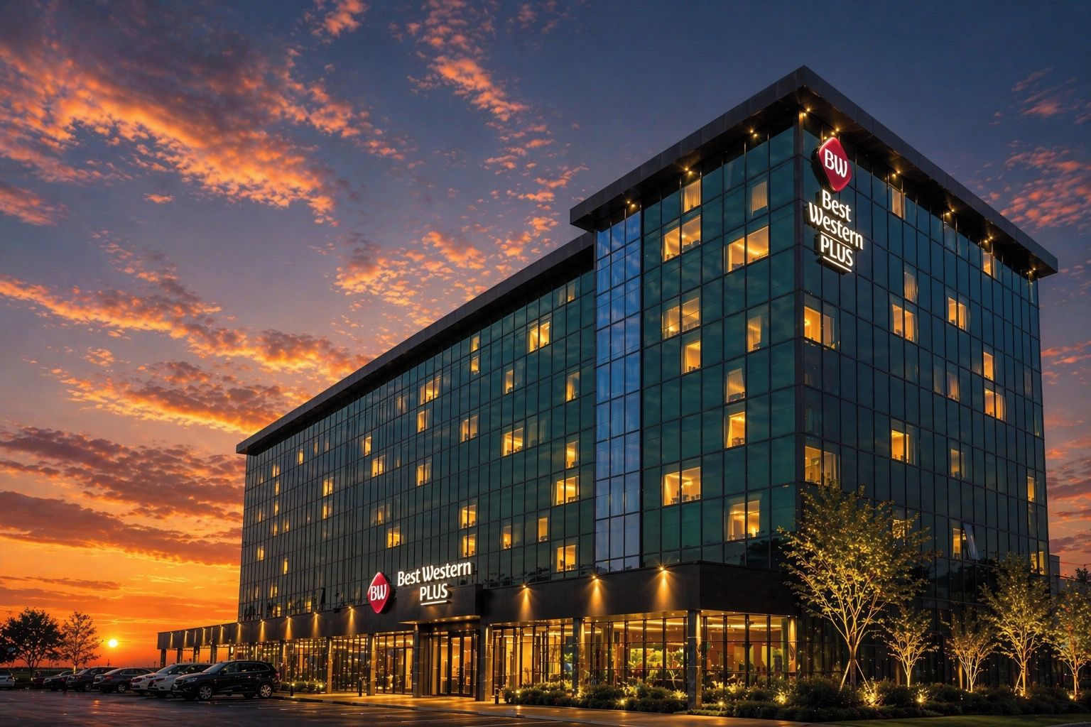 Um hotel Best Western Plus com fachada de vidro moderna, vários andares e estacionamento.