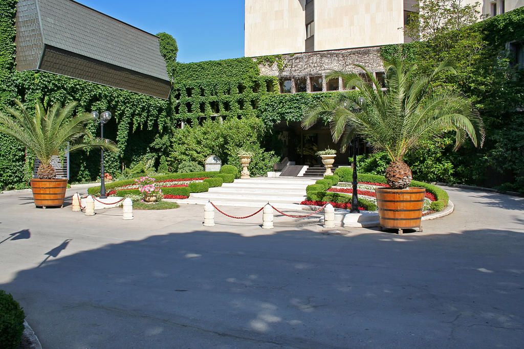 Pátio com escadaria central, cercado por vegetação e plantas em vasos.