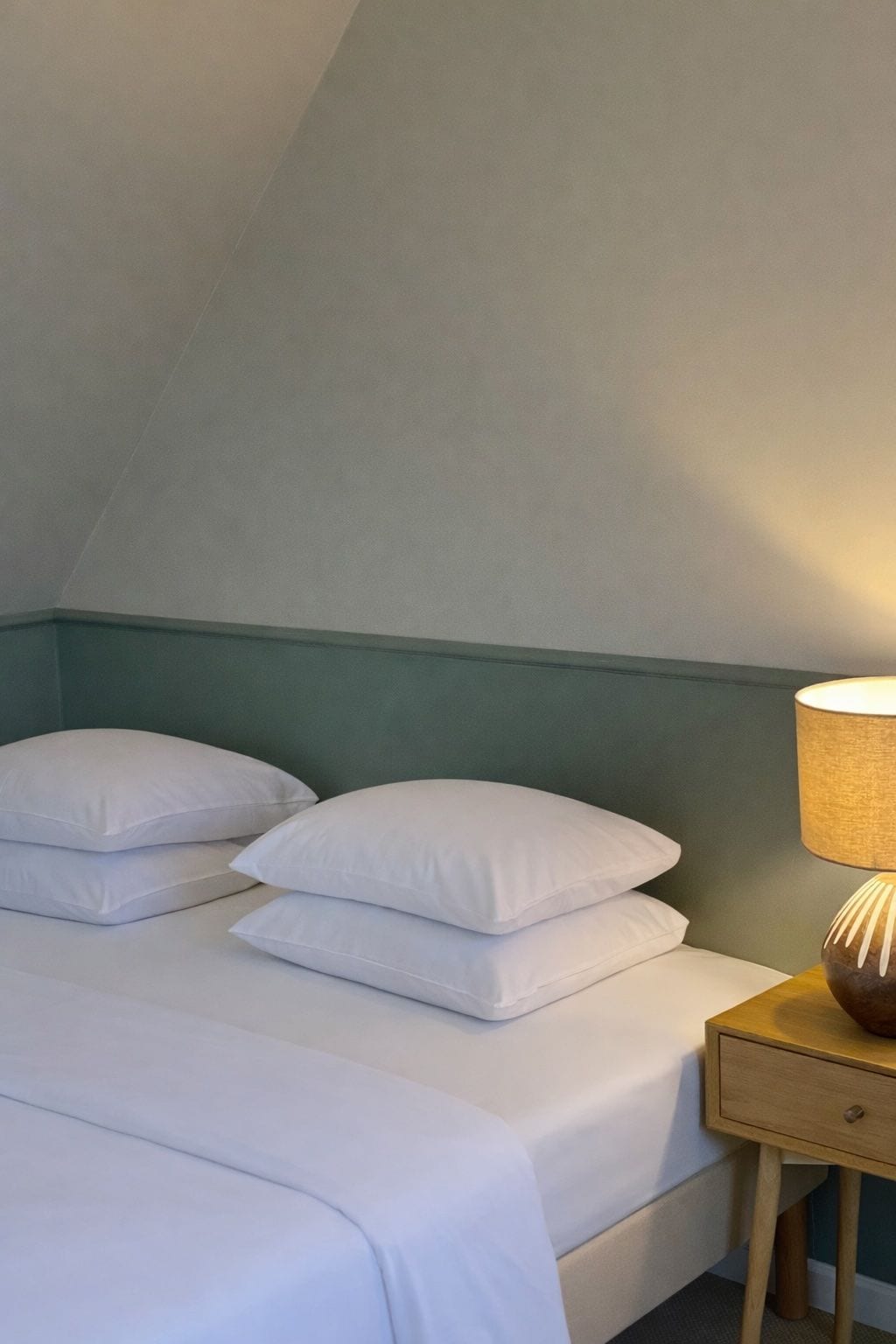 Cama bem arrumada com roupa de cama e almofadas brancas, mesa de cabeceira com abajur e parede verde.