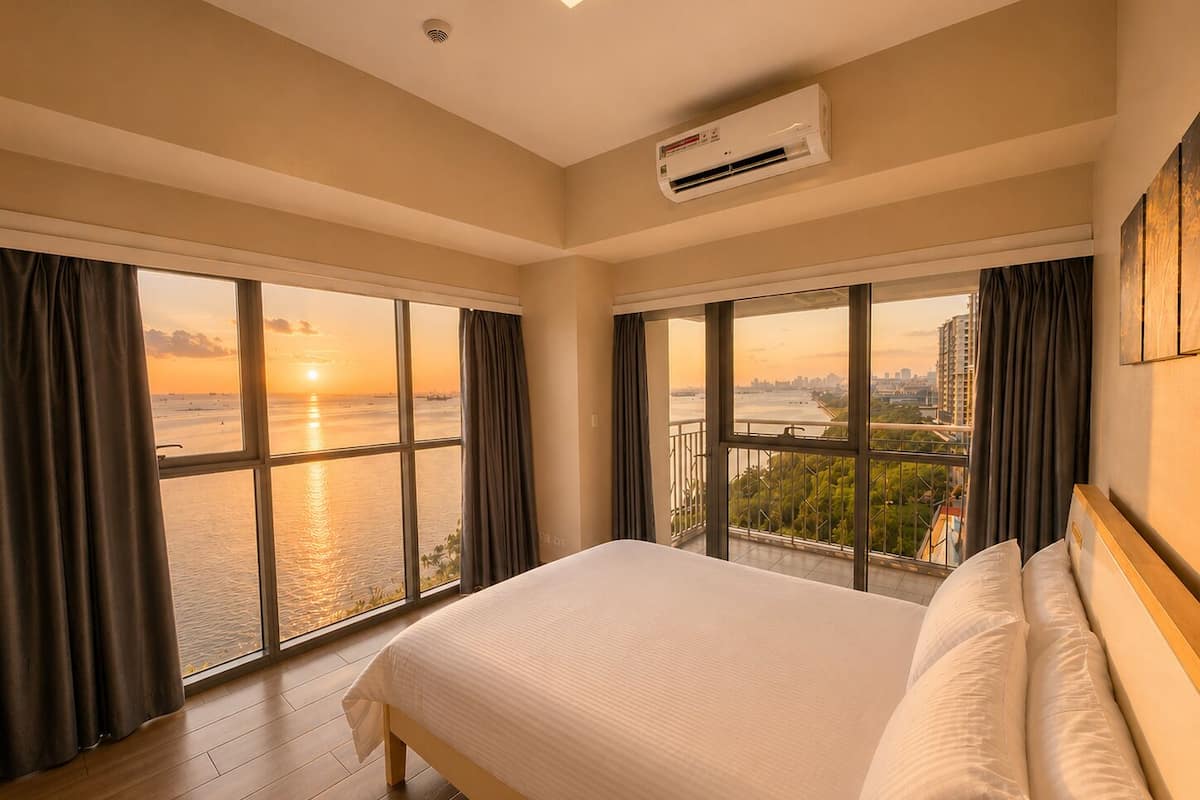Quarto de hotel com uma cama grande, ar condicionado e vista para um pôr do sol sobre a água.