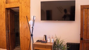 Quarto com painéis de madeira, uma cama, uma escrivaninha com uma planta, uma televisão de tela plana e um radiador.