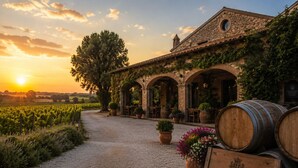Uma propriedade vinícola com edifícios de pedra, área de estar externa e barris de vinho.