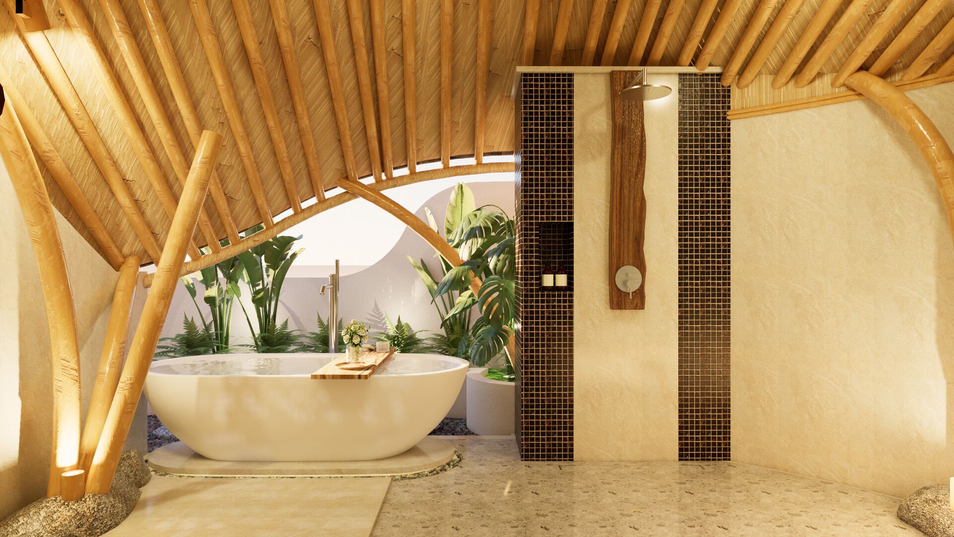 Um quarto de spa com uma banheira grande, vigas de madeira no teto e plantas tropicais.