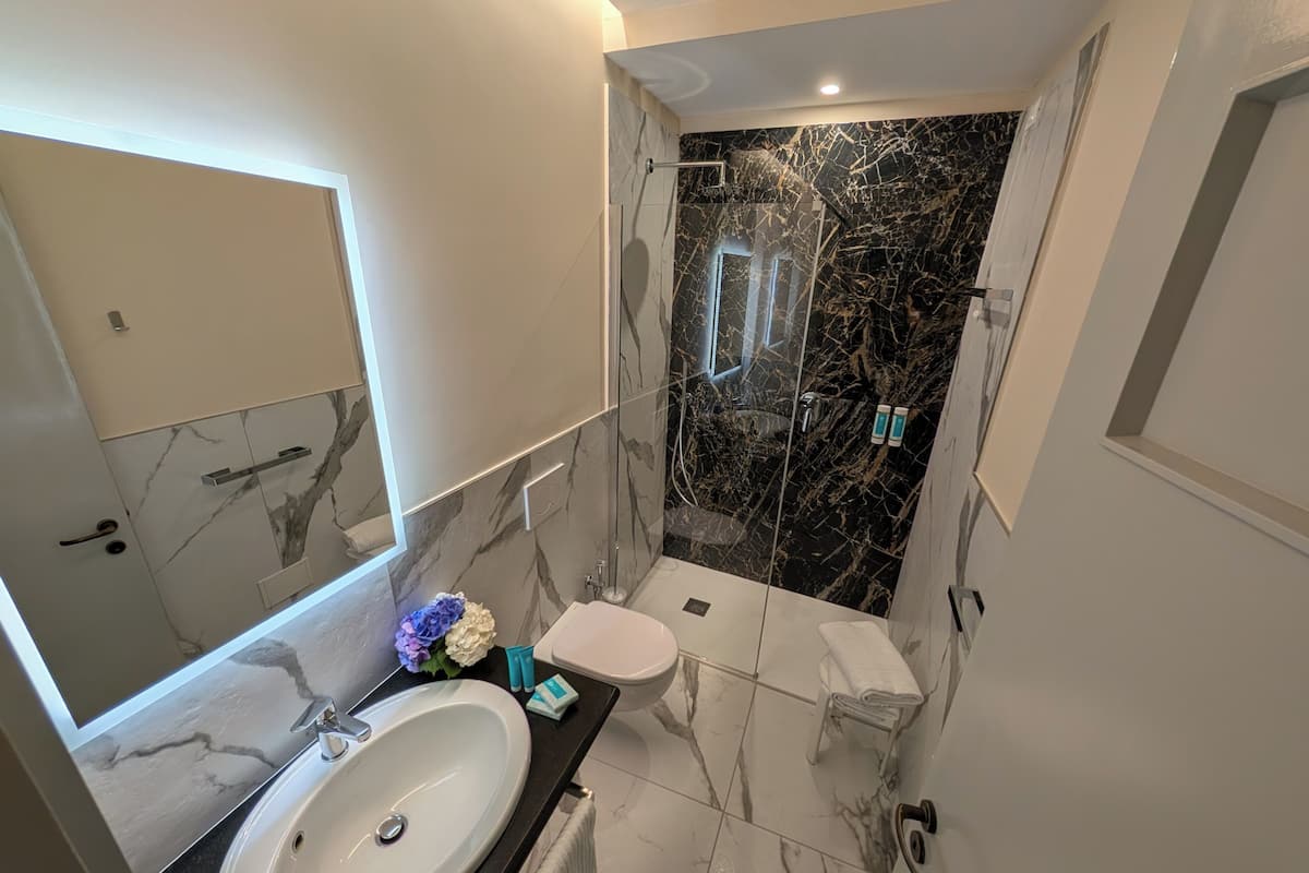 Quarto premium, sacada, vista para o lago | Banheiro | Chuveiro, secador de cabelo, toalhas de banho, sabonete