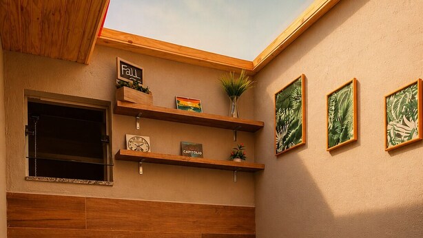 Um espaço de spa com piso de madeira, uma banheira de hidromassagem com azulejos, prateleiras de madeira com objetos decorativos e um relógio fixado na parede.