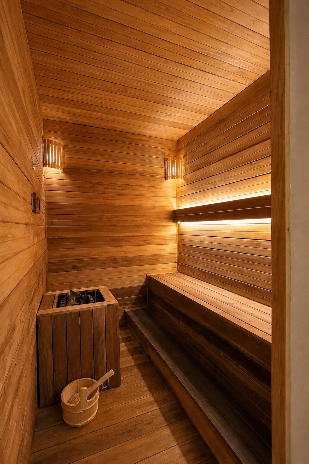 Uma sauna com paredes e bancos de madeira, um banco de madeira com apoio para os pés, e um balde de madeira com uma escova.
