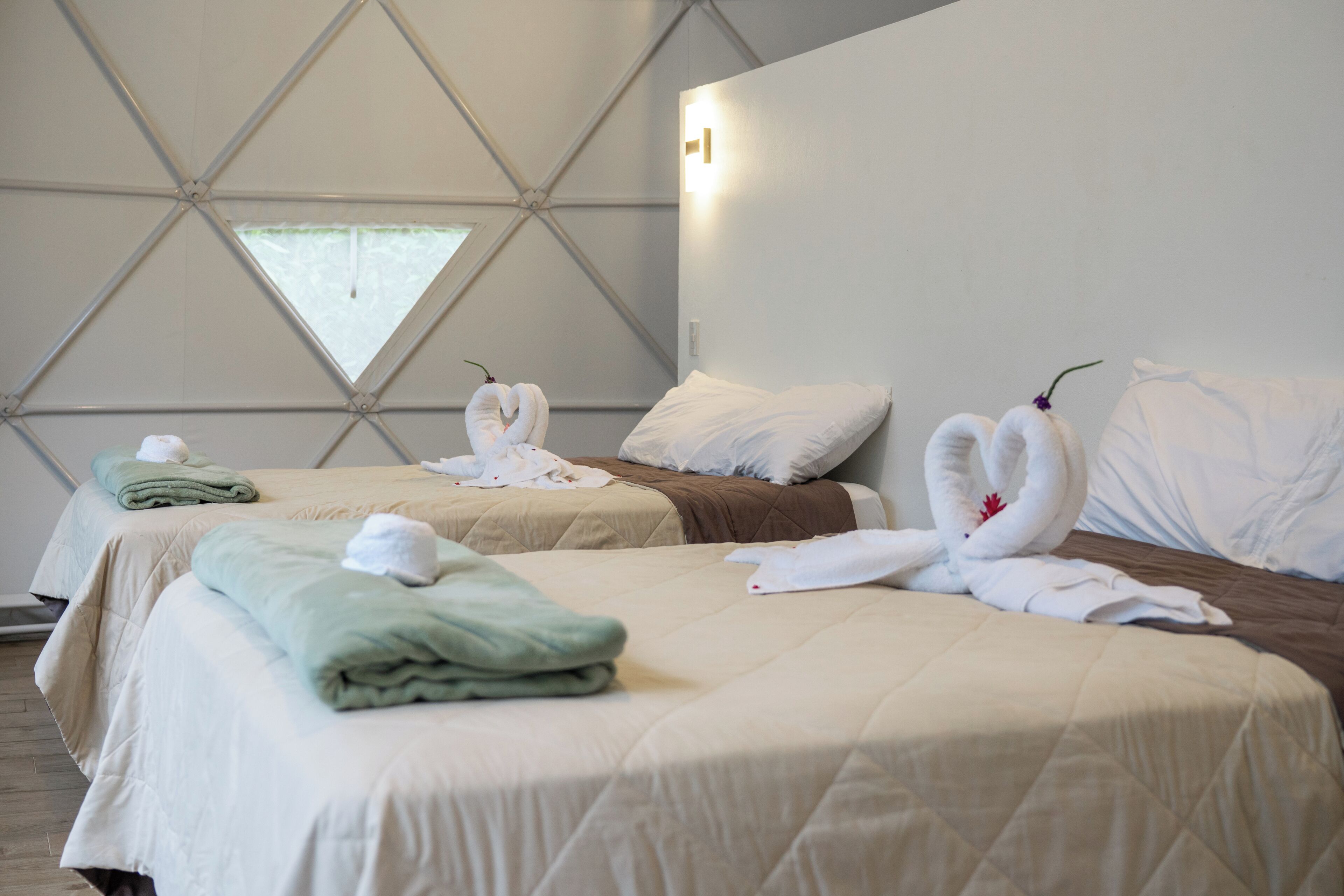 Quarto de hotel com duas camas, cada uma com toalhas dobradas e arranjos de toalhas em formato de coração.