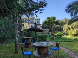 Uma área de estar ao ar livre com uma mesa redonda de madeira e cadeiras azuis, cercada por vegetação exuberante e uma palmeira.