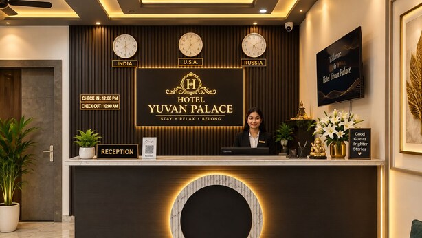 Bancada de recepção de hotel com relógios indicando fusos horários da Índia, EUA e Rússia, placa de recepção e placa de boas-vindas para o Hotel Yuvan Palace.
