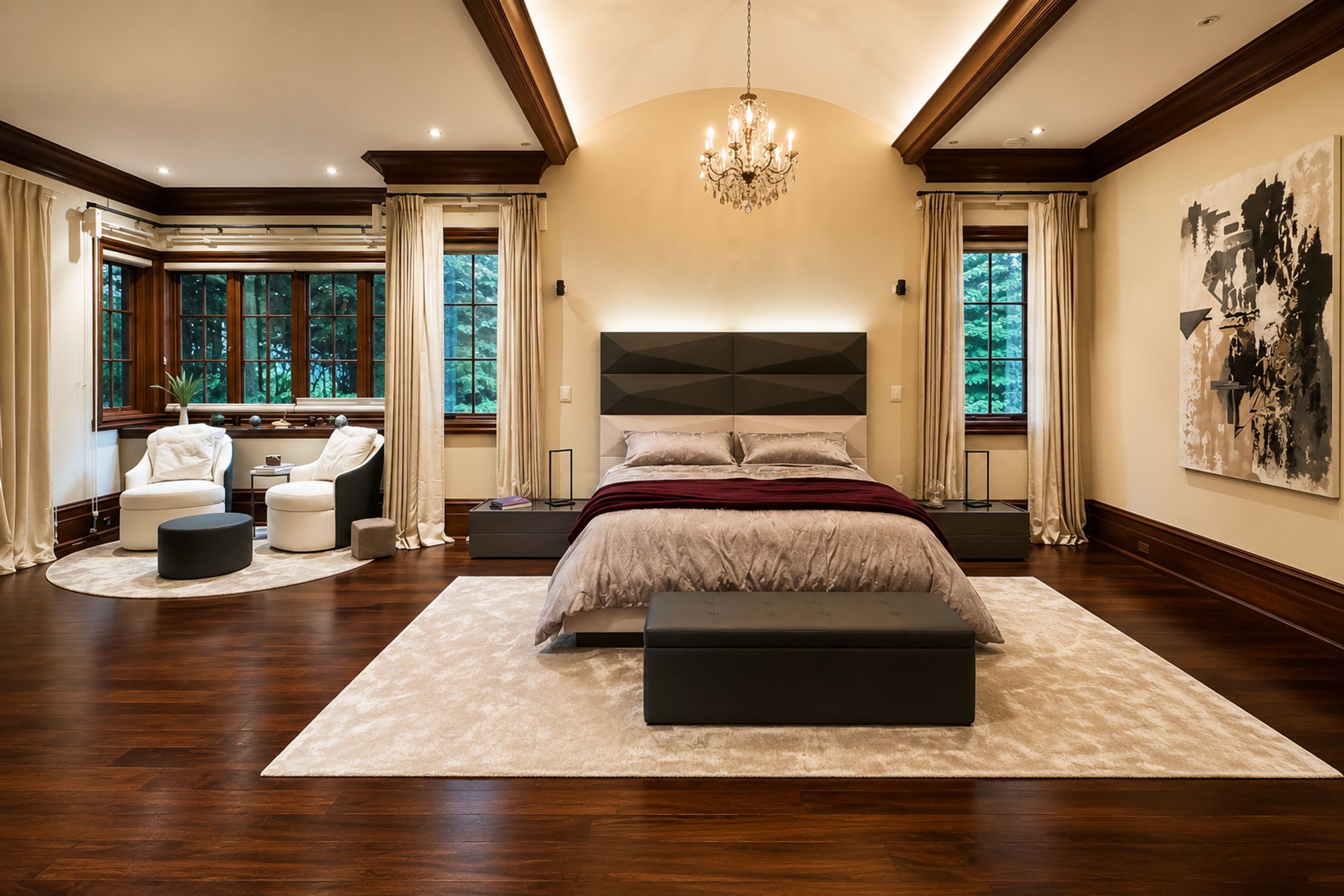 Um quarto espaçoso com uma cama grande, um espaço de estar com uma poltrona e apoio para os pés, e vista para o exterior através de amplas janelas.