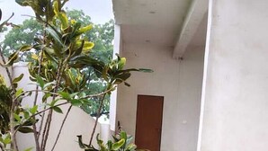 Um corredor com chão ladrilhado, plantas em vasos e uma porta no final.