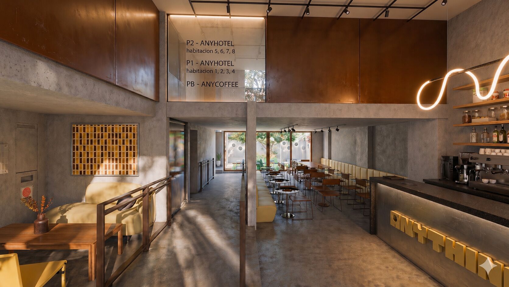 Um interior moderno com área de estar central, balcão de bar e sinalização indicando localização de quartos e café.