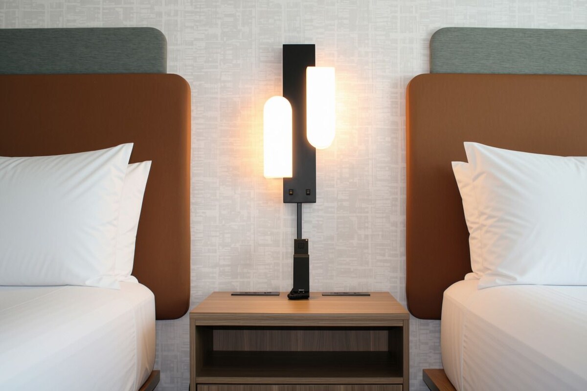 Quarto de hotel com duas camas, uma mesa de cabeceira e luminária fixa na parede.