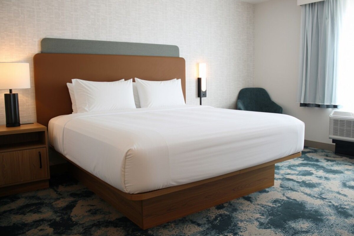Quarto de hotel com uma cama grande, mesa de cabeceira, abajur, cadeira e janela com cortinas.