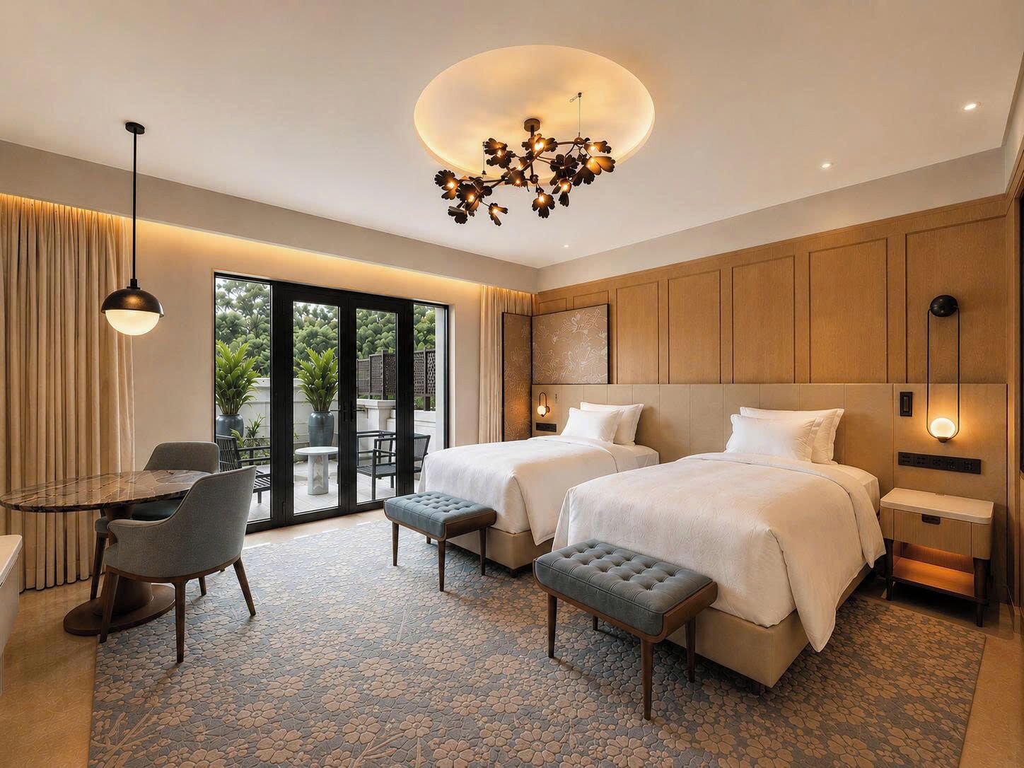 Quarto de hotel com duas camas, área de refeições e vista para o verde lá fora.