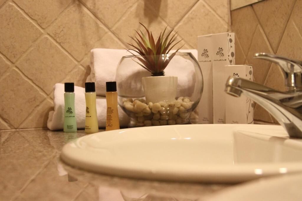 Uma pia de banheiro com artigos de higiene, uma tigela de vidro com pedras decorativas e um vaso de planta.