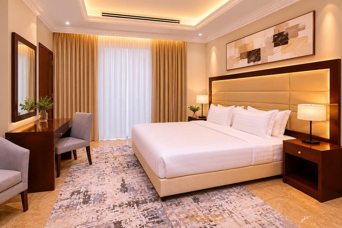 Quarto de hotel com cama grande, escrivaninha, cadeira, mesa de cabeceira e luminária fixada na parede.